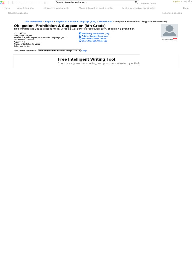 Obligation, Prohibition & Suggestion (8th Grade) Worksheet | PDF ...