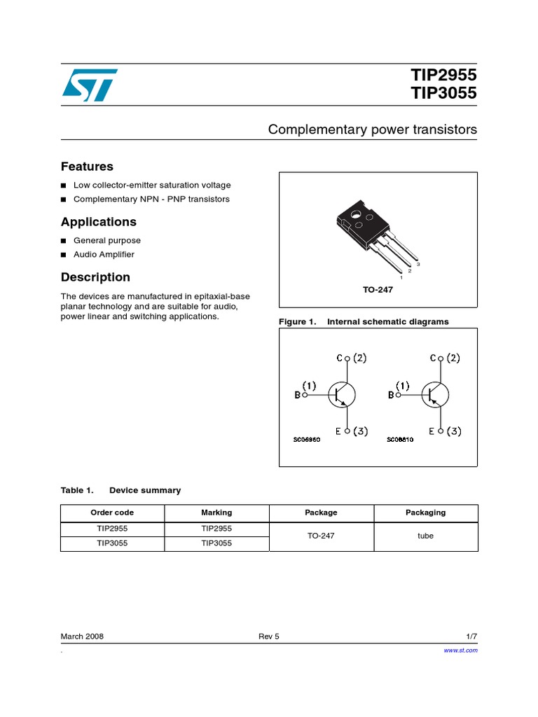 Tip3055 Transistor Datasheet | PDF | Technology & Engineering