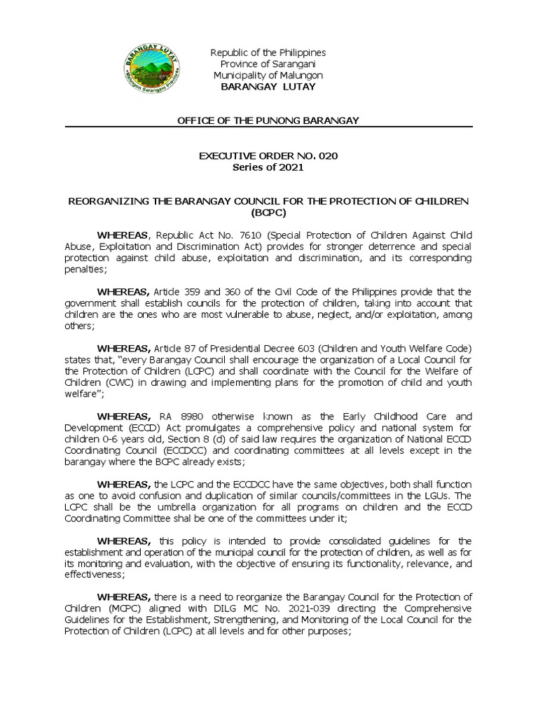 Reorganizing The BCPC Eo 2021 | PDF | Child Care | Child Abuse