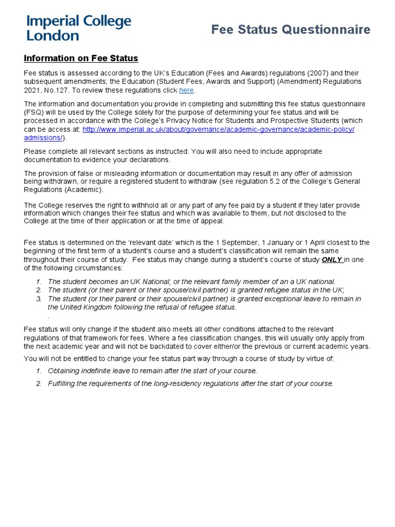 Fee Status Questionnaire - Updated | PDF | Social Science