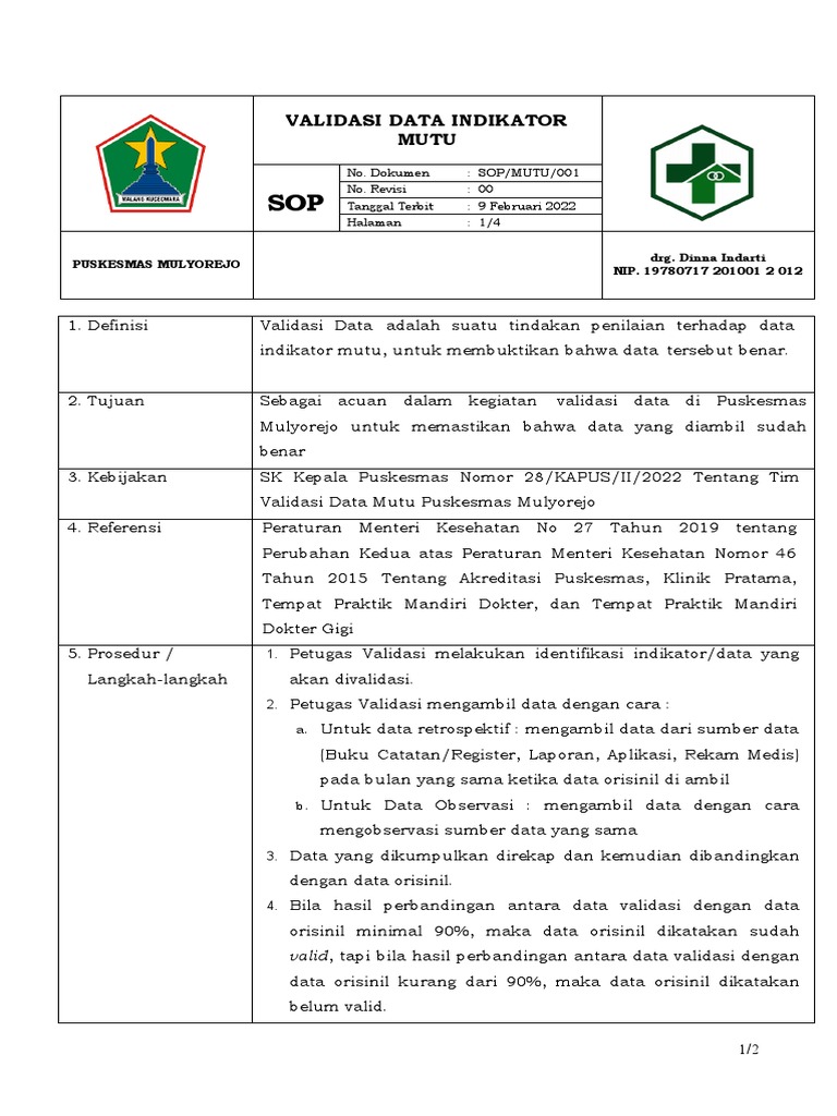 Sop Validasi Data Indikator Mutu | PDF