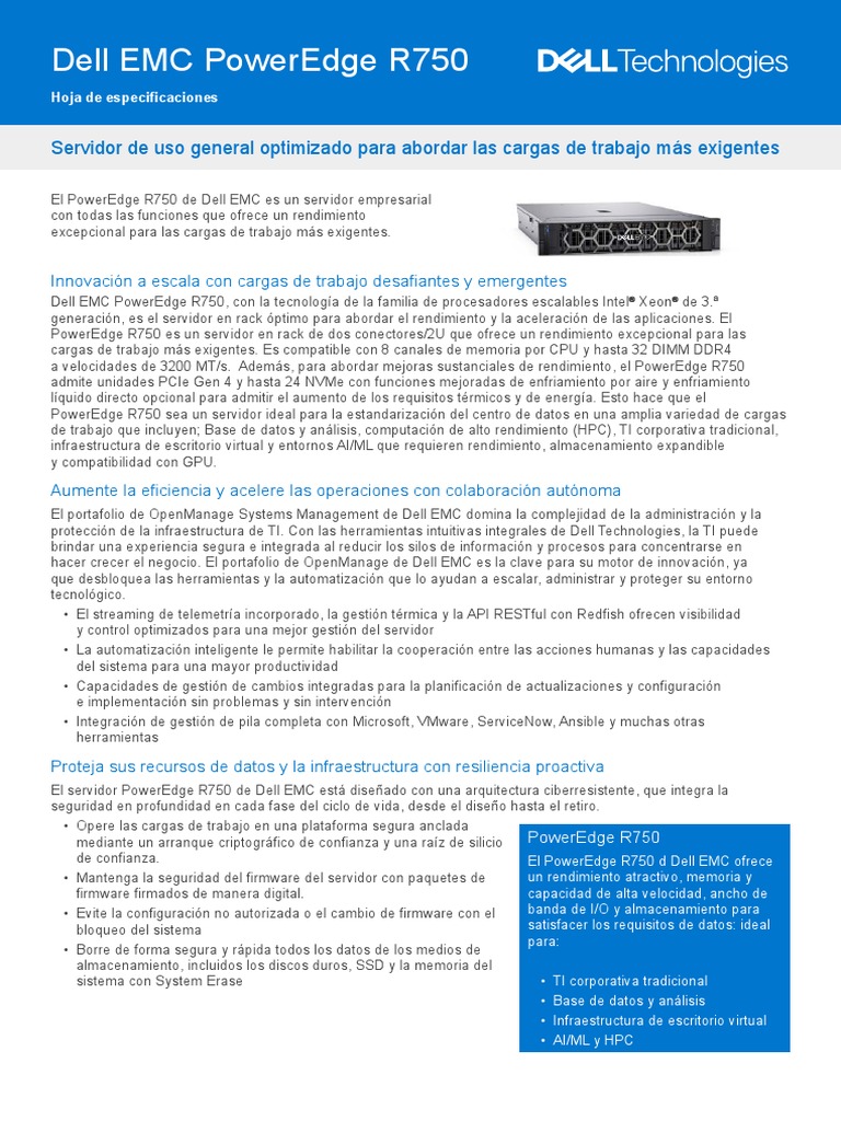 Dell Emc Poweredge r750 Spec Sheet | PDF | Unidad de estado sólido | Dell
