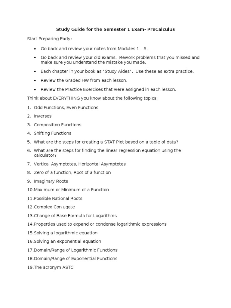 Study Guide For The Semester 1 Exam-Precalculus | PDF