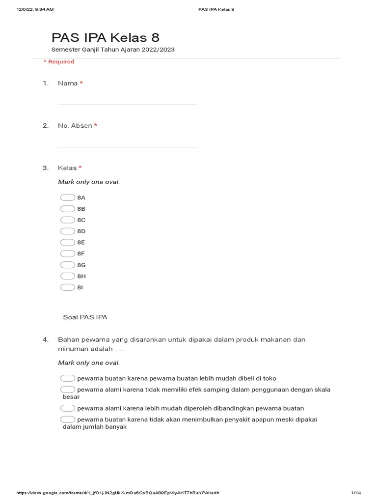 PAS IPA KELAS 8 - Google Forms | PDF