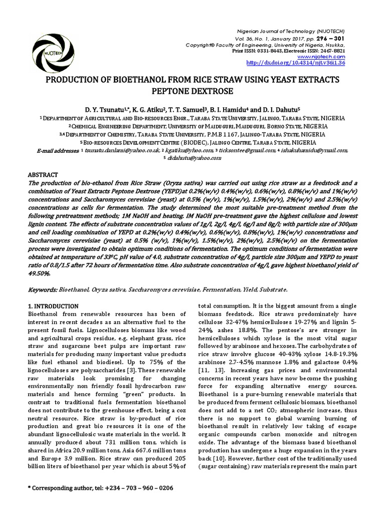 Production of Bioethanol From Rice Straw Using Yeast Extracts Peptone Dextrose | PDF | Yeast ...