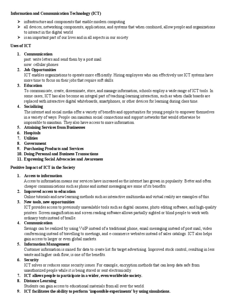 Introduction To Ict Pdf Educational Technology Internet