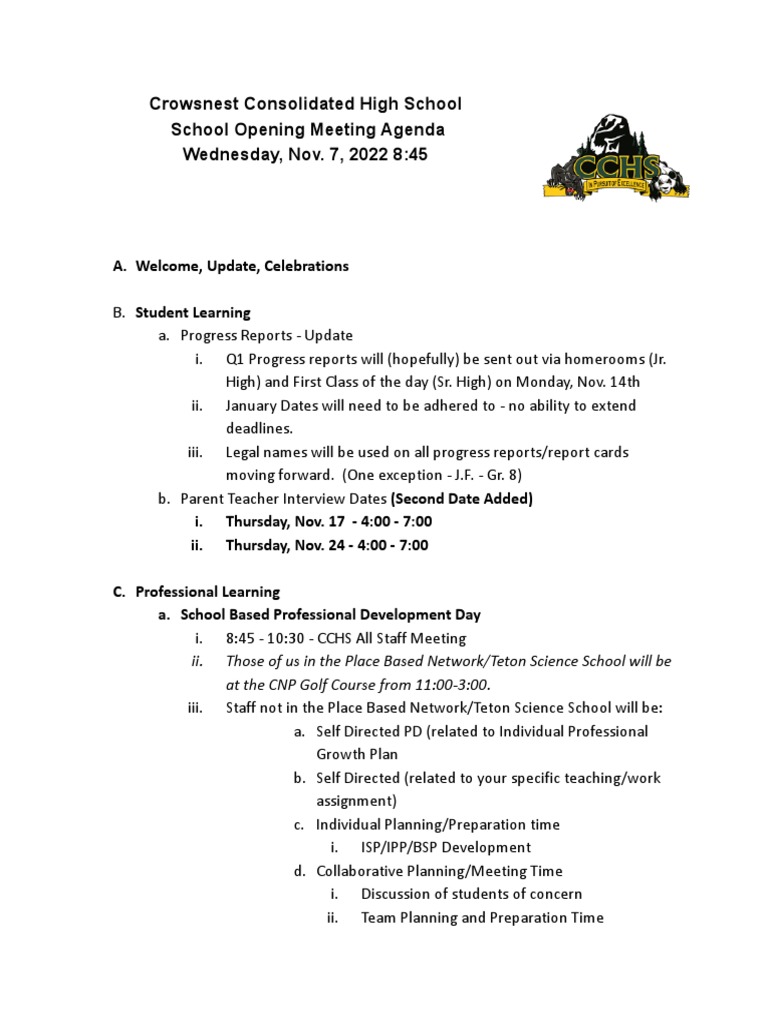 Cchs Staff Meeting Agendas | PDF | Teachers | Schools