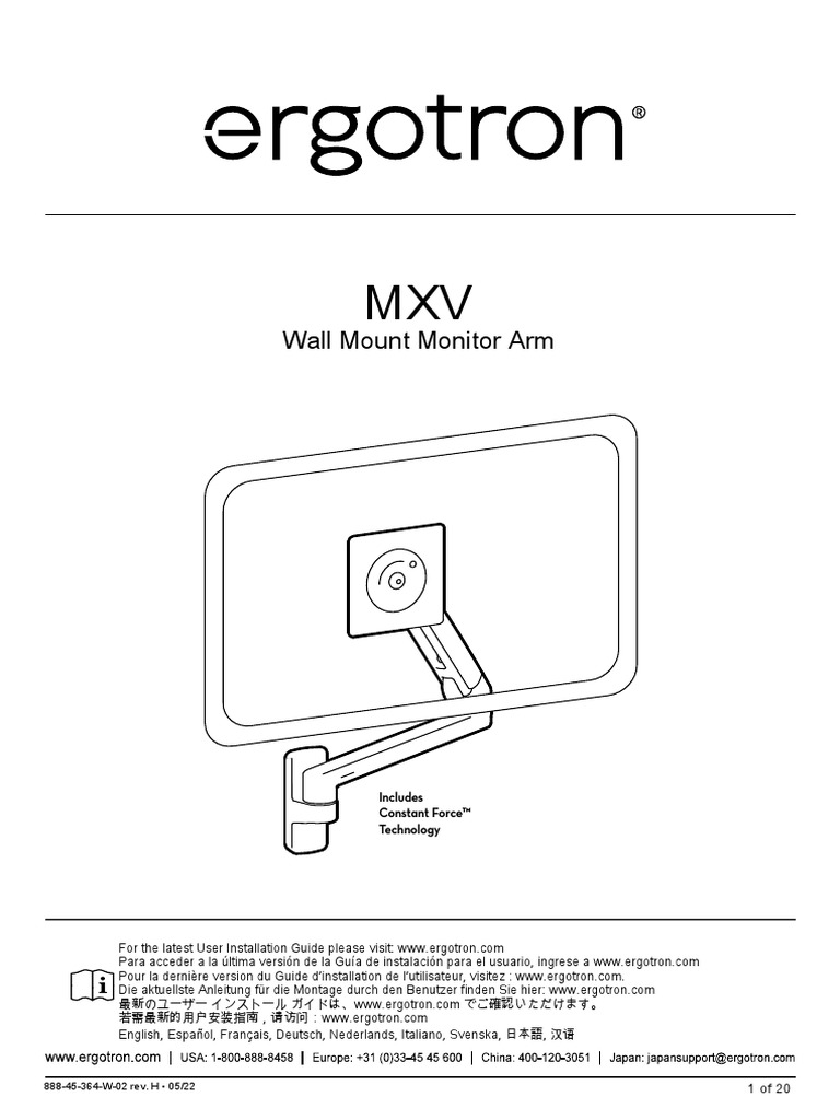 Instal Guide Ergotron MXV Wall Monitor Arm PN 45-505-216 | PDF