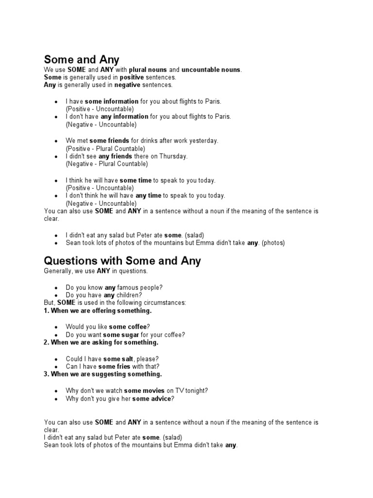 A Guide to Using Some and Any in Positive, Negative, and Interrogative ...