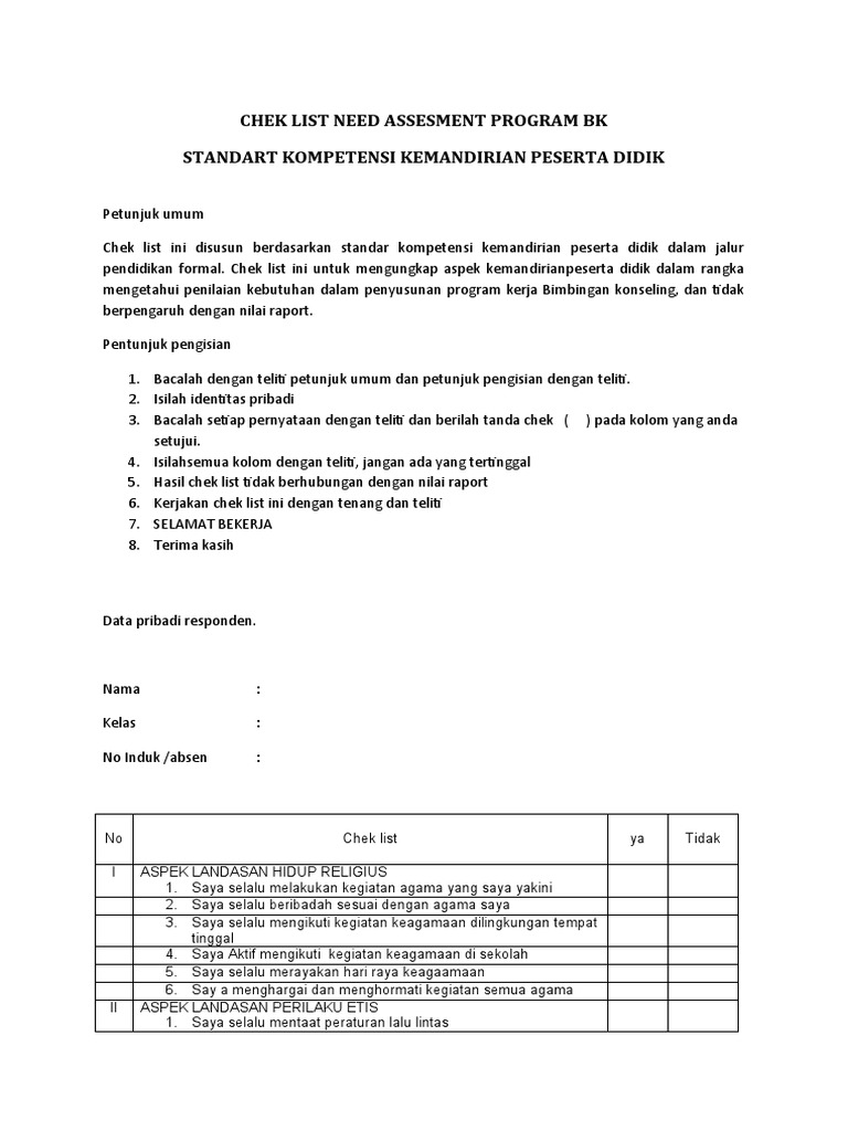 Chek List Need Assesment Program BK | PDF