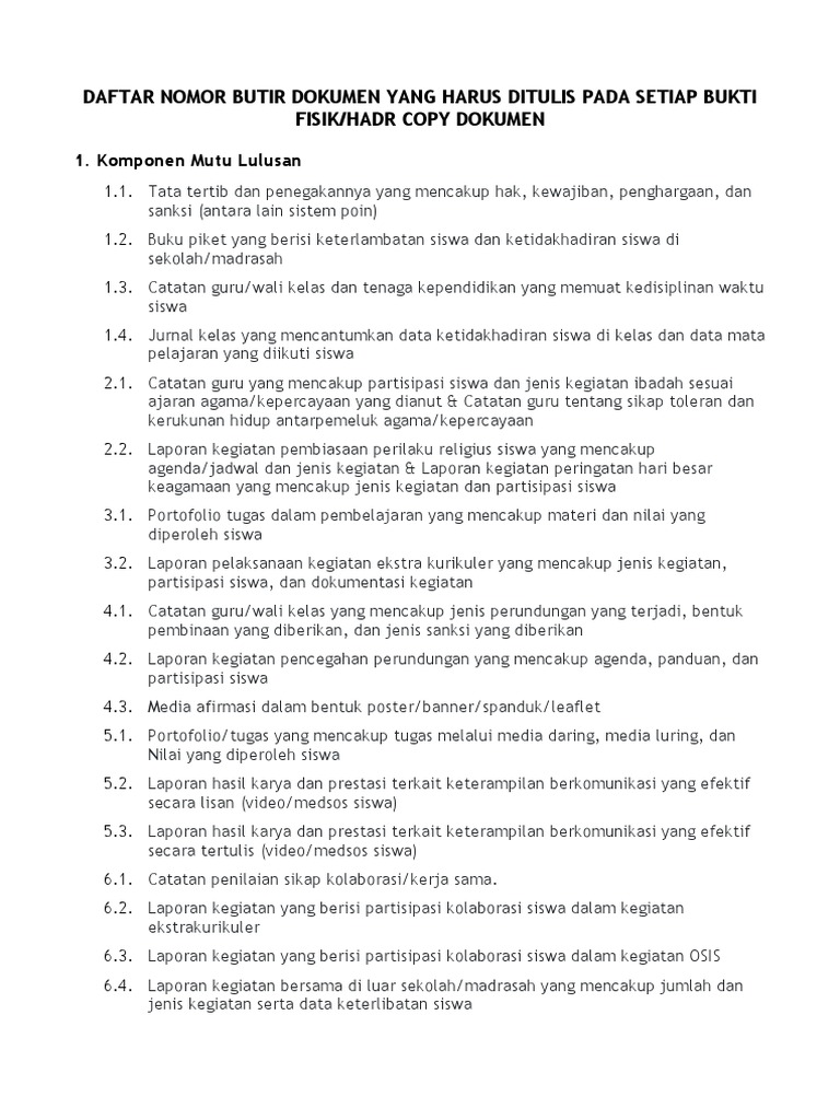 Nomor Butir Dokumen Tiap Komponen Mutu | PDF
