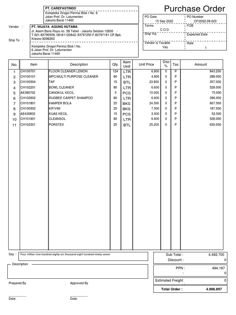 Purchase Order for Cleaning Supplies from PT. WIJAYA AGUNG HUTAMA | PDF
