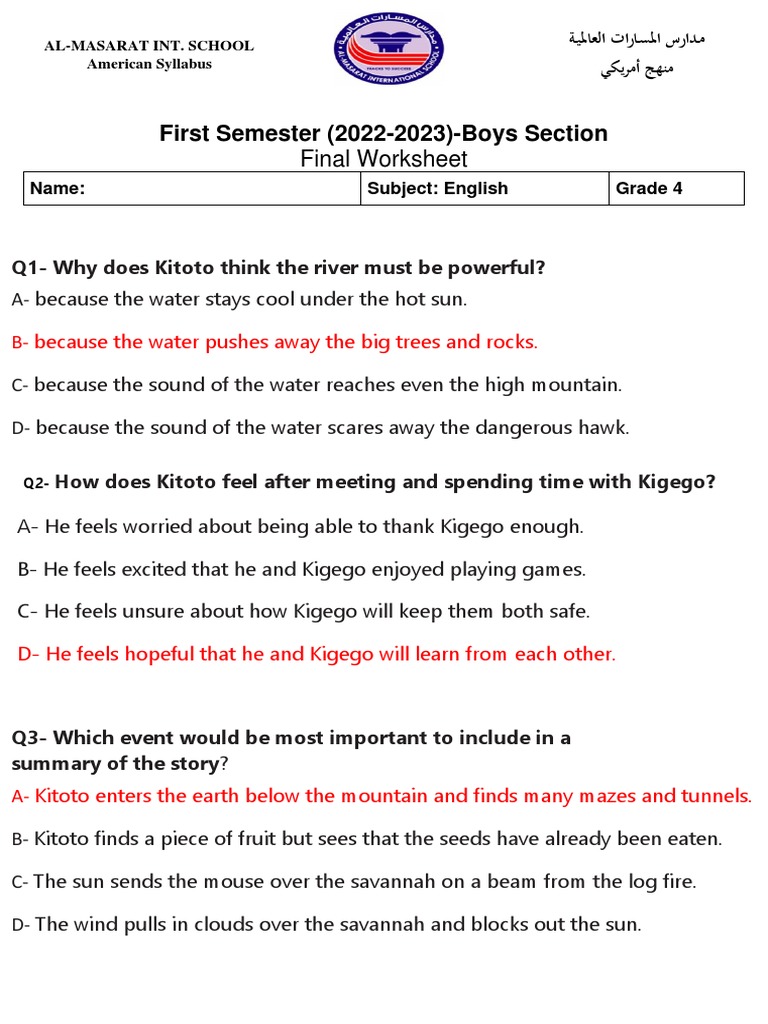 Final Worksheet Grade 4 (Answer Key) | PDF