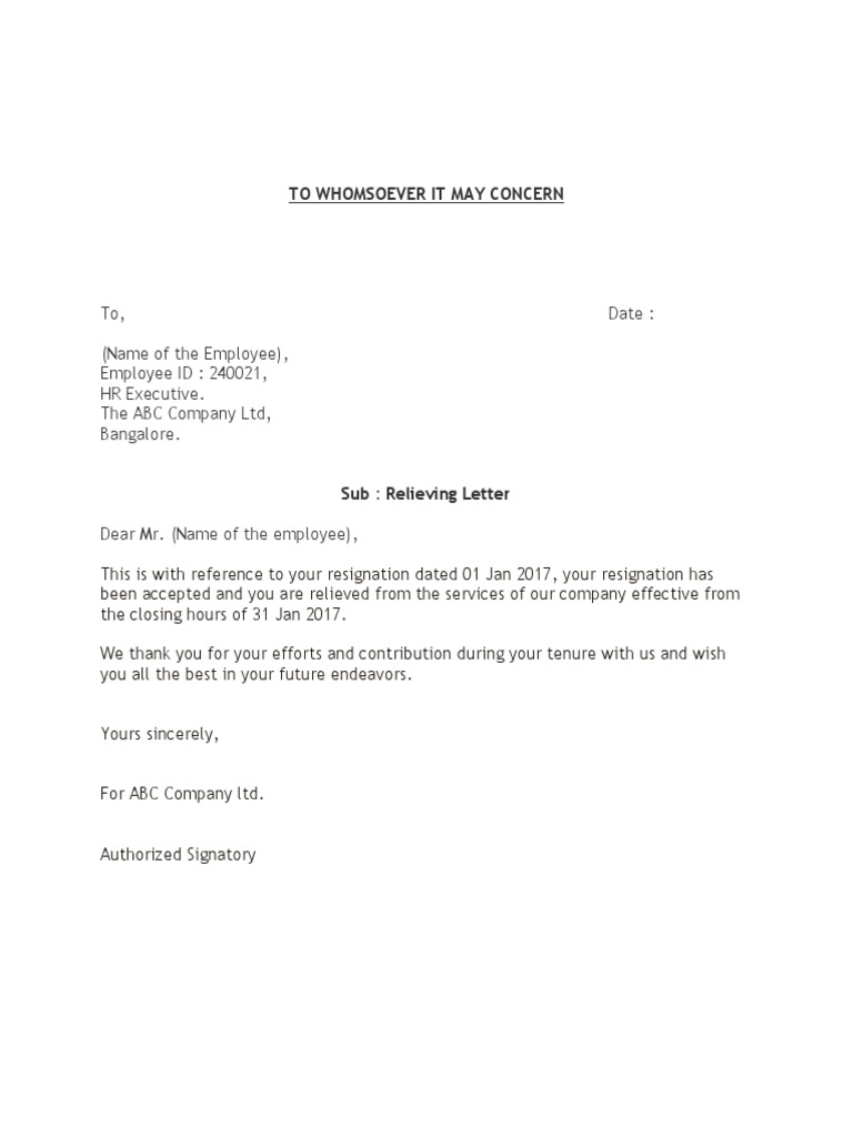 Employee Relieving Letter Format | PDF | Career & Growth
