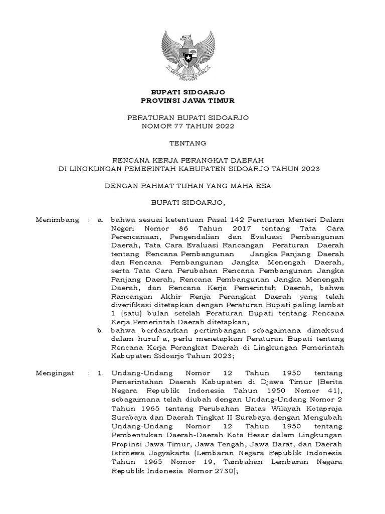 Peraturan Bupati Nomor 077 Tahun 2022 | PDF