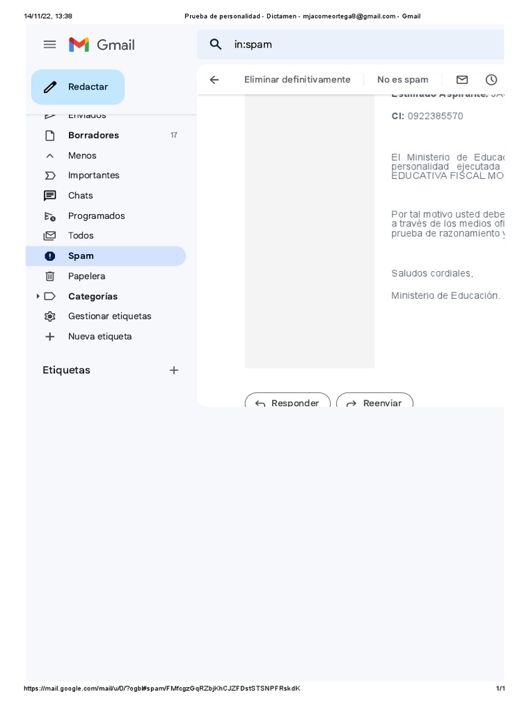 Prueba de Personalidad - Dictamen - Mjacomeortega8@gmail - Com - Gmail | PDF