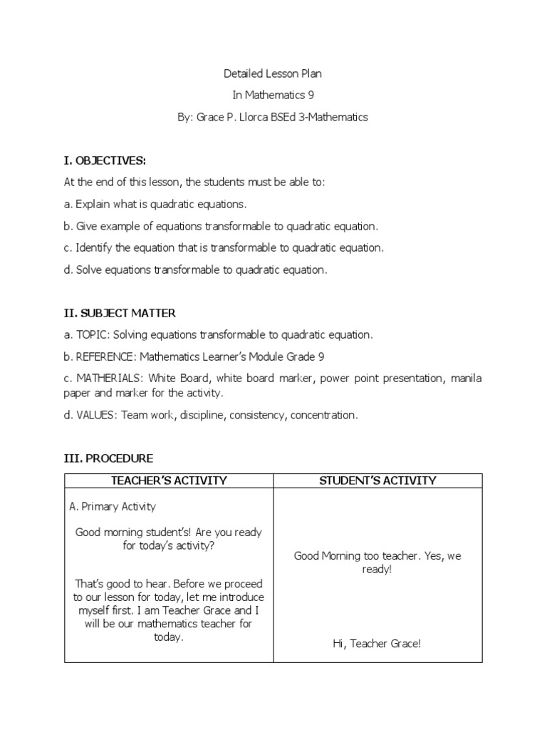 Quadratic Equations Lesson Plan | PDF | Equations | Quadratic Equation