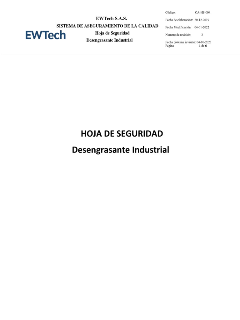 Hoja de Seguridad: Desengrasante Industrial | PDF | Agua | Química