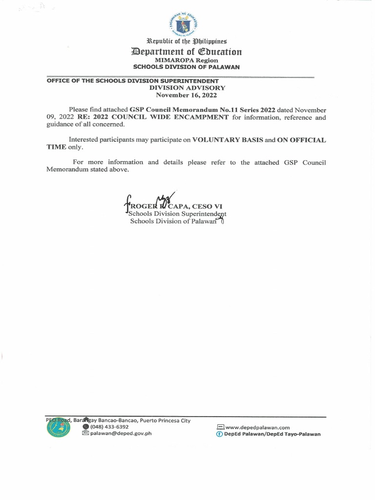 Advisory Dated Nov. 16, 2022 RE GSP Council Memo No. 11 S. 2022 - 2022 Council Wide Encampment | PDF