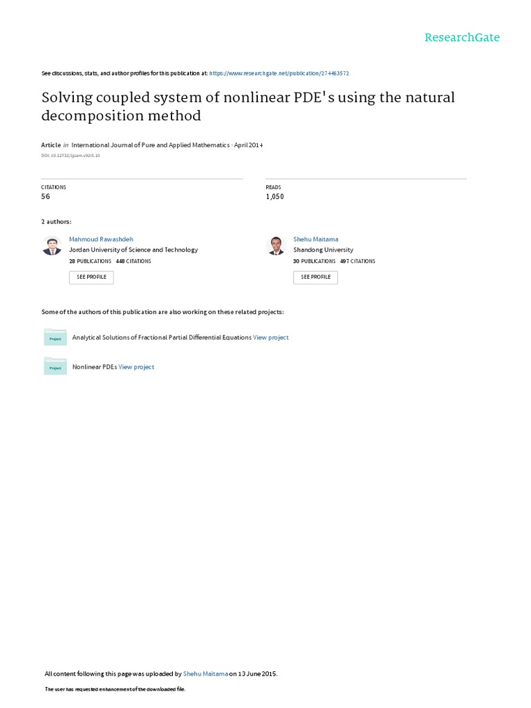 Solving Coupled System of Nonlinear PDE's Using The Natural Decomposition Method | PDF | Partial ...