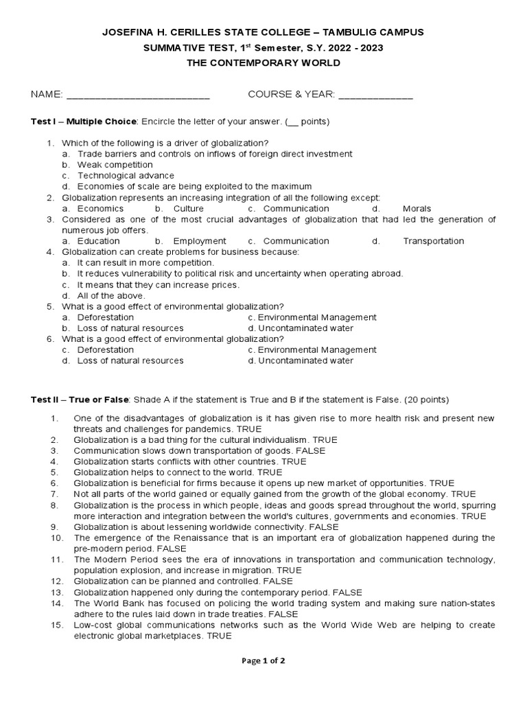 Contemporary World Summative Test | PDF | Globalization | Market ...