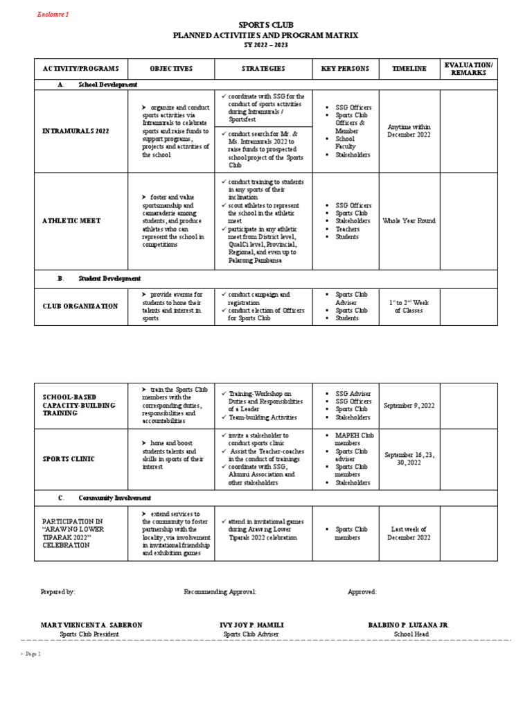 Sports Club Planned Activities (Final) | PDF
