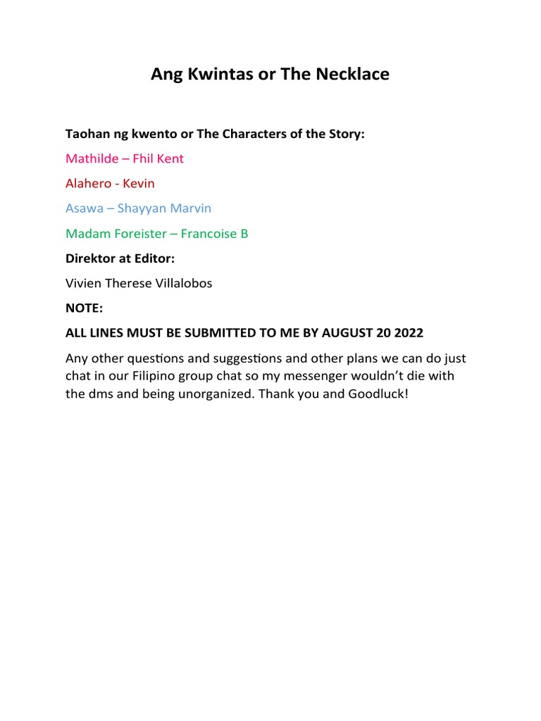 Ang Kwintas Script | PDF