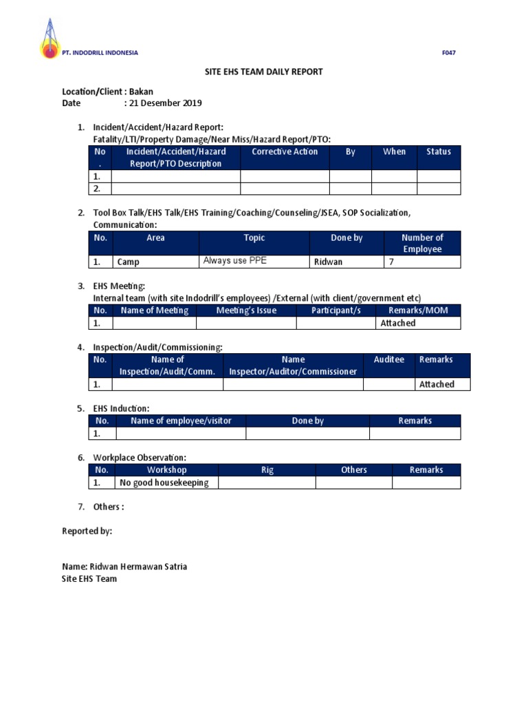 F047 Site EHS Team Daily Activity Report | PDF