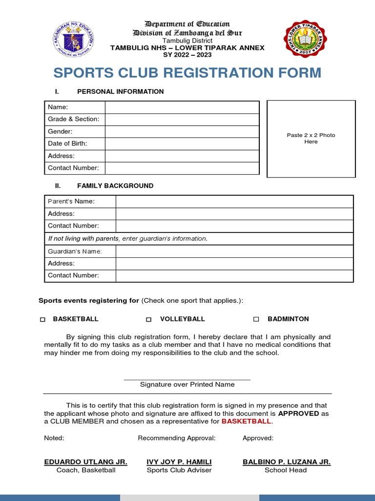 Sports Club Registration Form 2022-2023 | PDF | Sports & Recreation