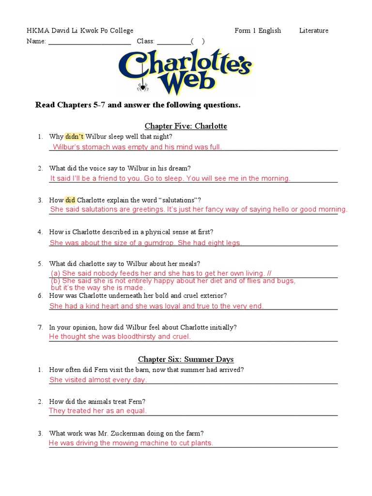 Microsoft Word - Charlotte's Web WS CH 5-7 | PDF