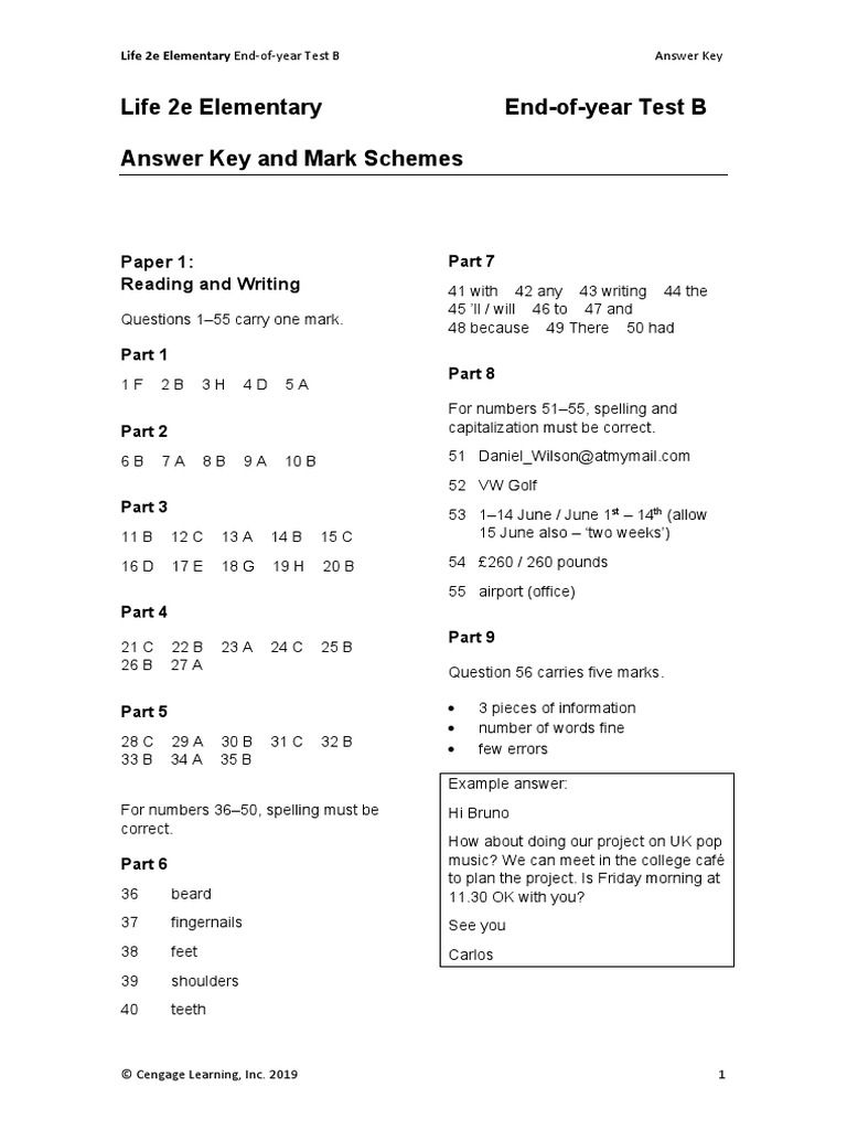 Life 2e Elem End-Of-Year TestB AnswerKey | PDF | Vocabulary | Question