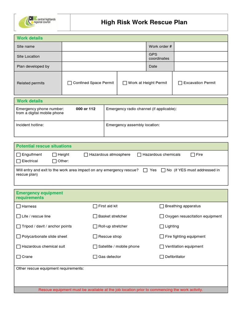 CHRC High Risk Work Rescue Plan Template | PDF | Emergency | Emergency Management