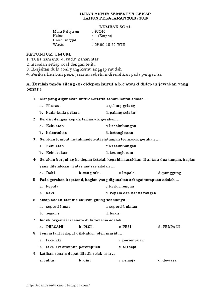 Soal Uas PJOK Kelas 4 Semester 2 | PDF