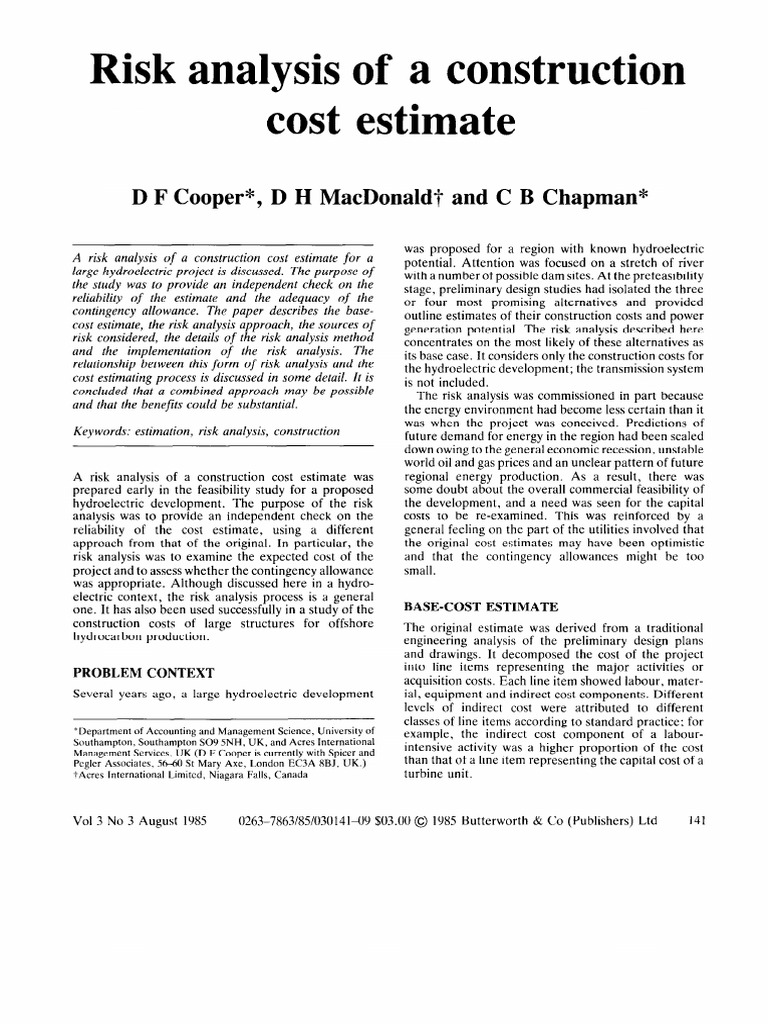 Risk Analysis of A Construction Cost Est | PDF | Risk | Risk Management