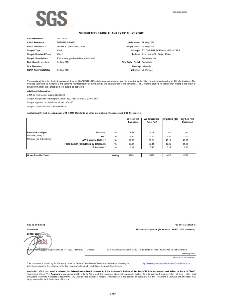 Analytical Report on Coal Sample Providing Proximate and Calorific ...