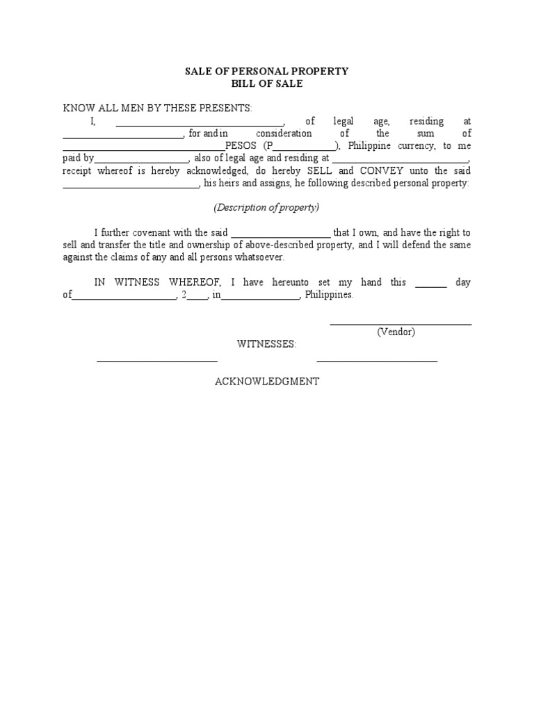Personal Property Bill of Sale Template | PDF