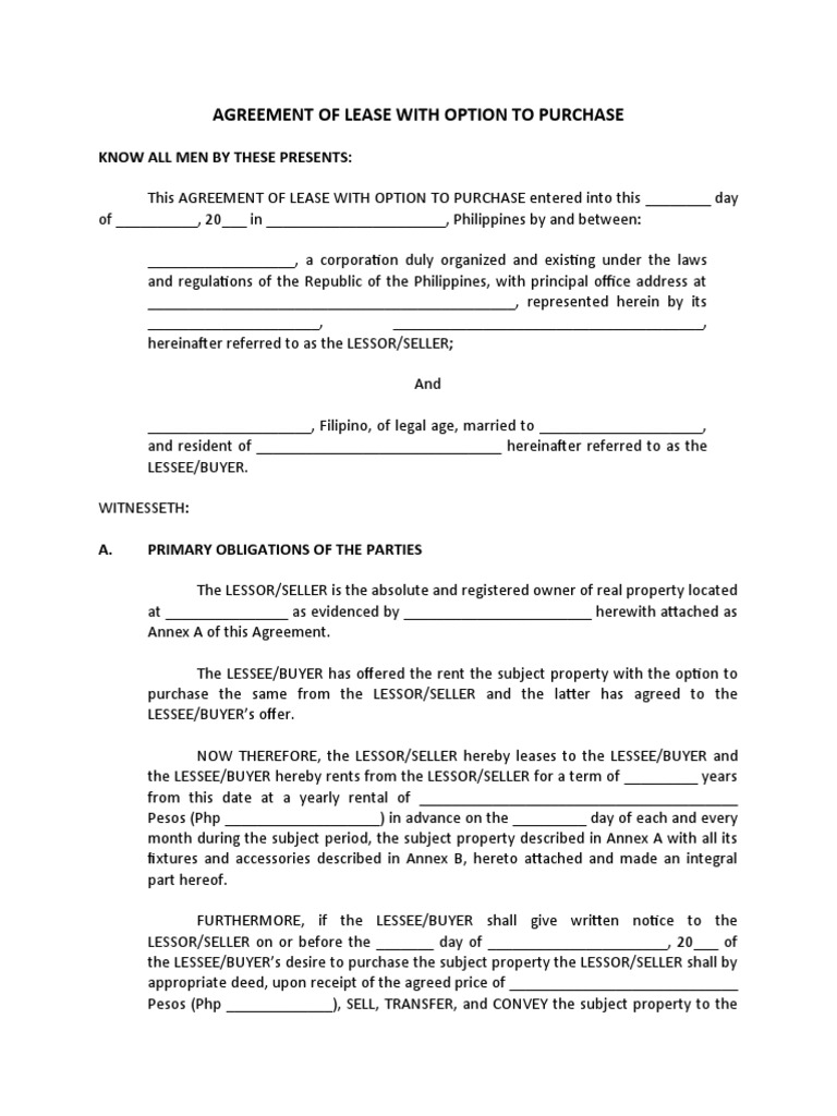 Lease Agreement with Purchase Option | PDF | Lease | Consent