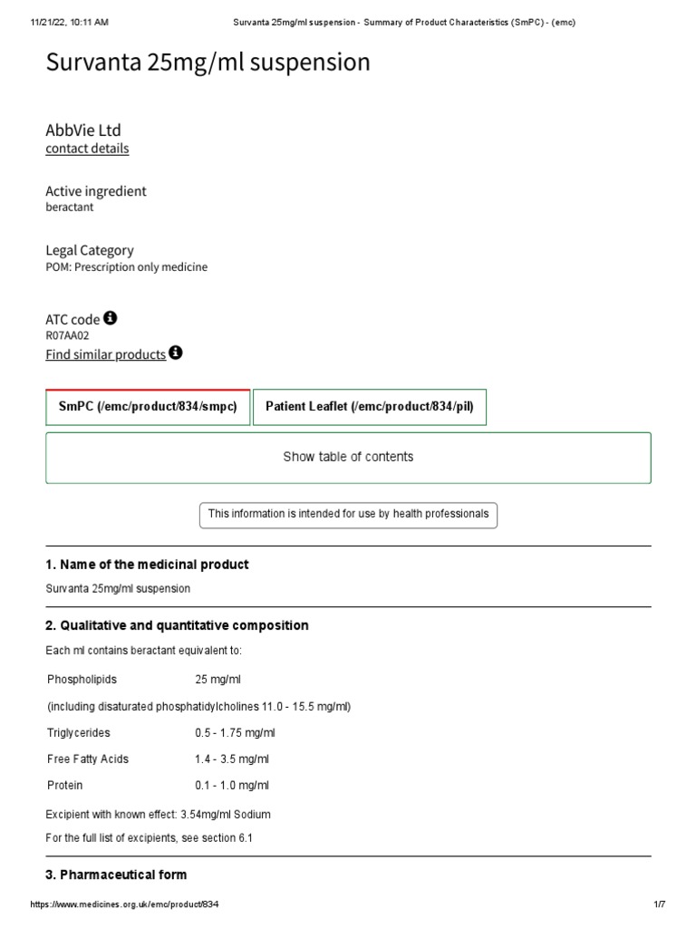 Survanta 25mg - ML Suspension - Summary of Product Characteristics ...