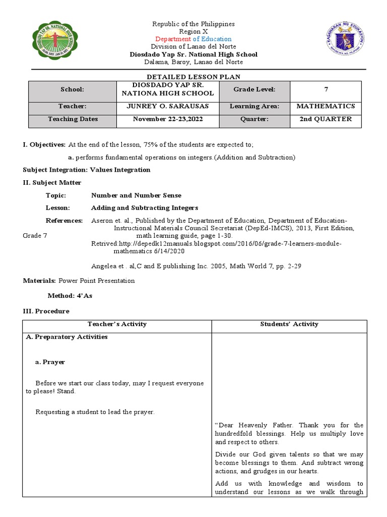 Grade 7 Math Lesson Plan: Integers | PDF | Subtraction | Arithmetic