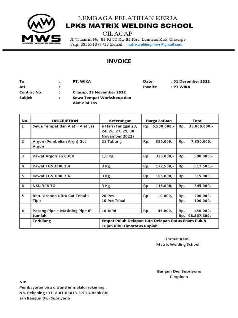Invoice Sewa Tempat & Alat Las | PDF