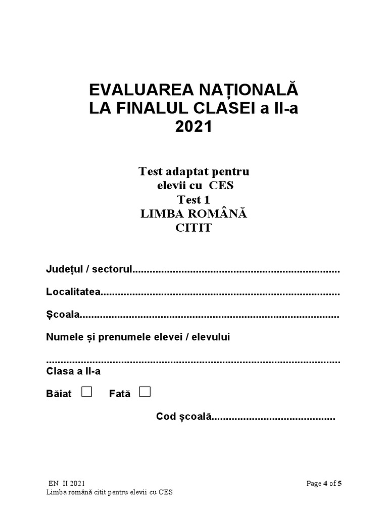 Test Romana 1-Citit - A II-a | PDF