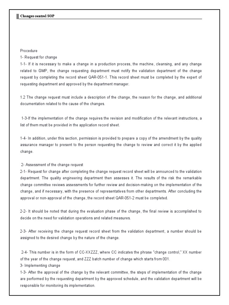 Changes Control SOP | PDF