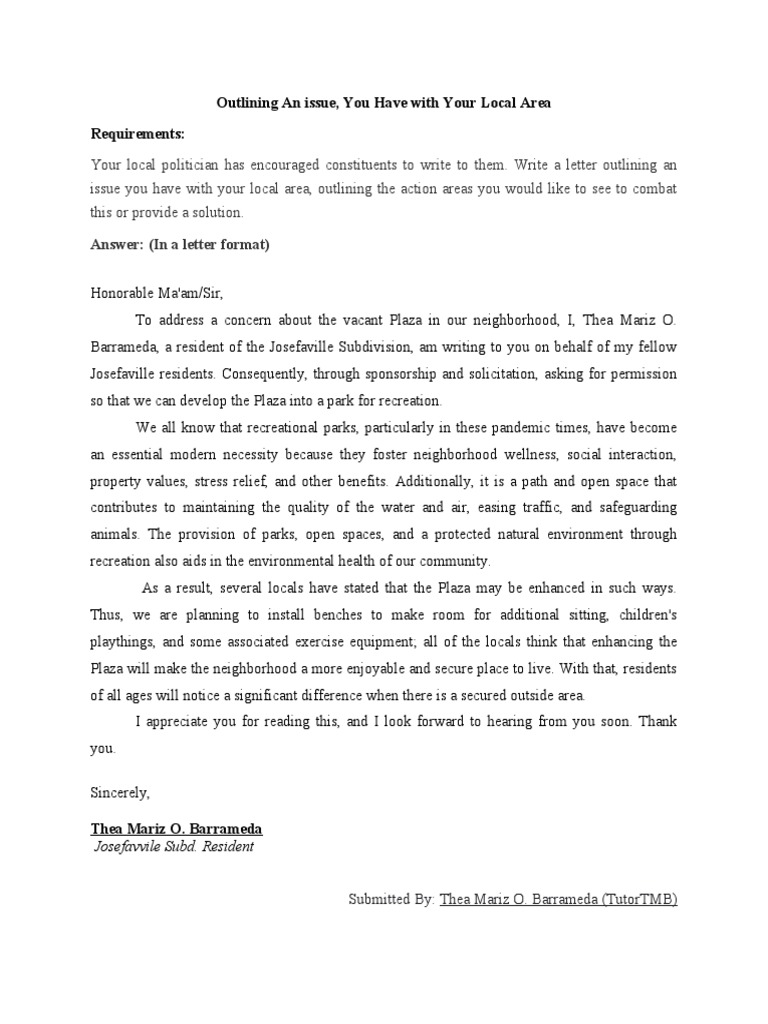 Letter to Improve Local Plaza Area | PDF | Social Science | Foreign ...