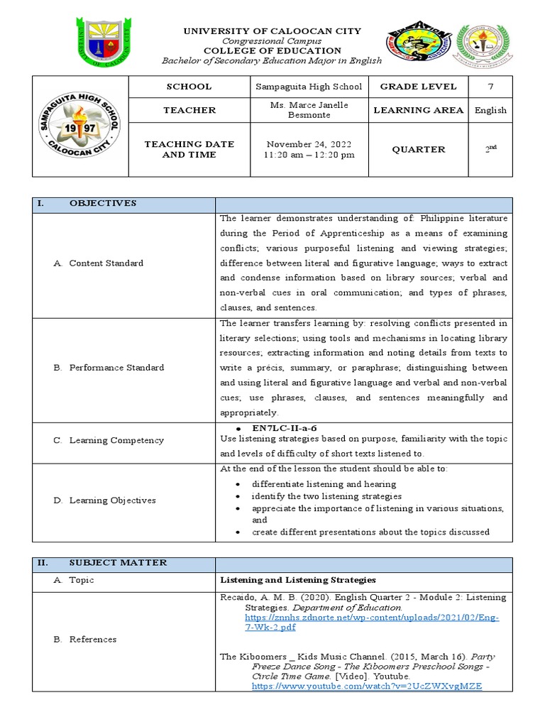 Listening and Listening Strategies Detailed Lesson Plan | PDF | Top ...