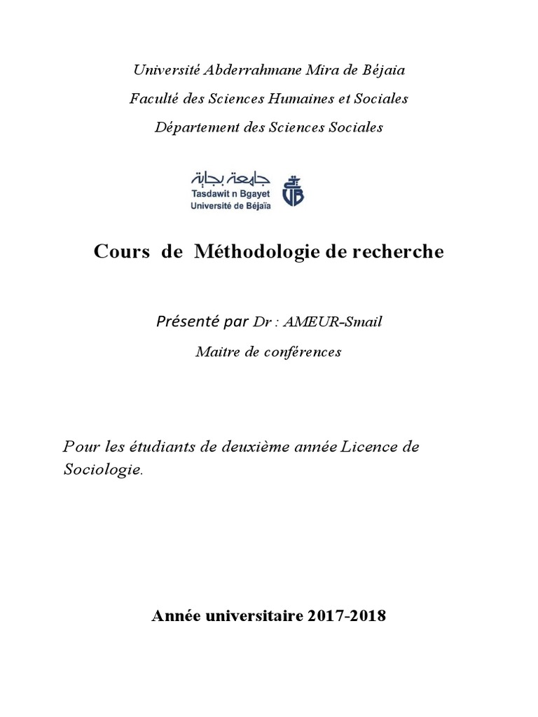 Cours S1 Méthodologie de Recherche en Sociologie | PDF