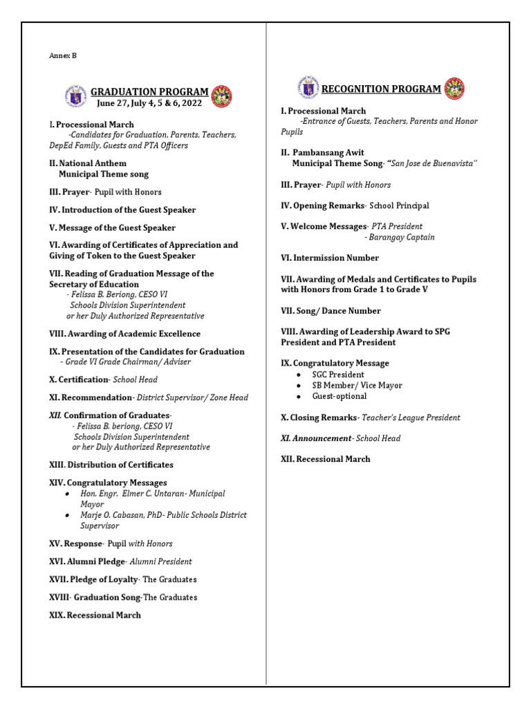 Revised Graduation and Recognition Program Parts 2022 Revised | PDF