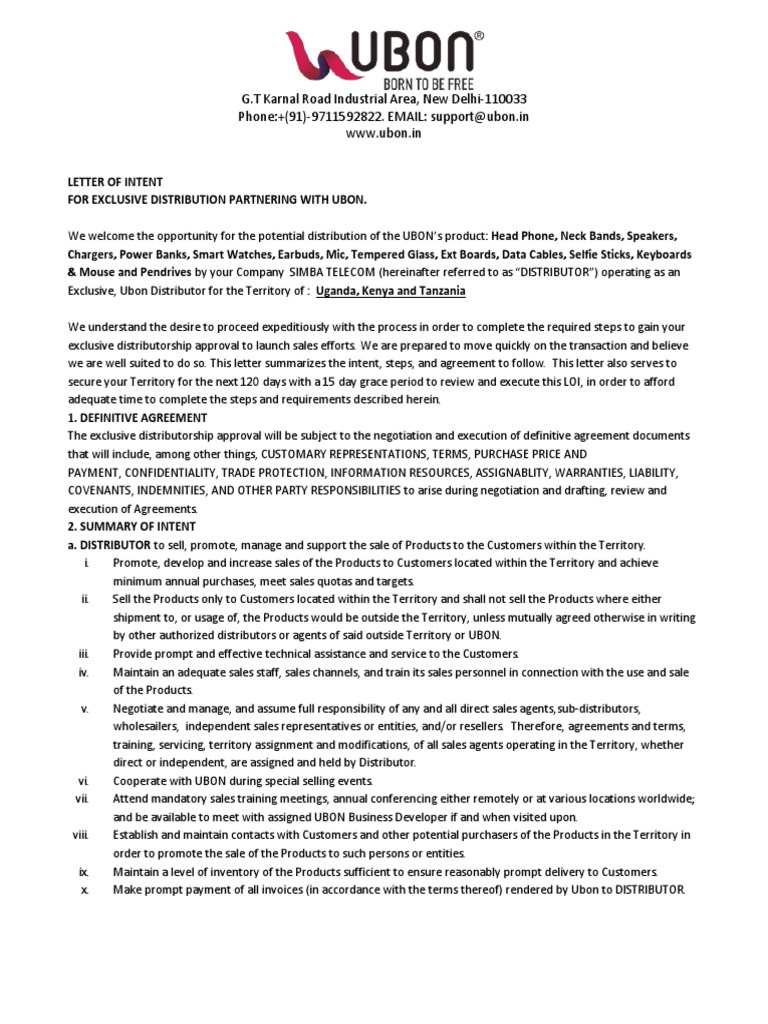 LETTER OF INTENT UBON-SIMBA TELECOM | PDF | Sales | Pricing