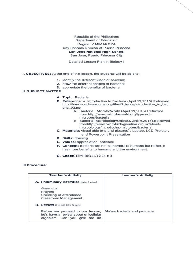 Detailed Lesson Plan Biology 1 | PDF