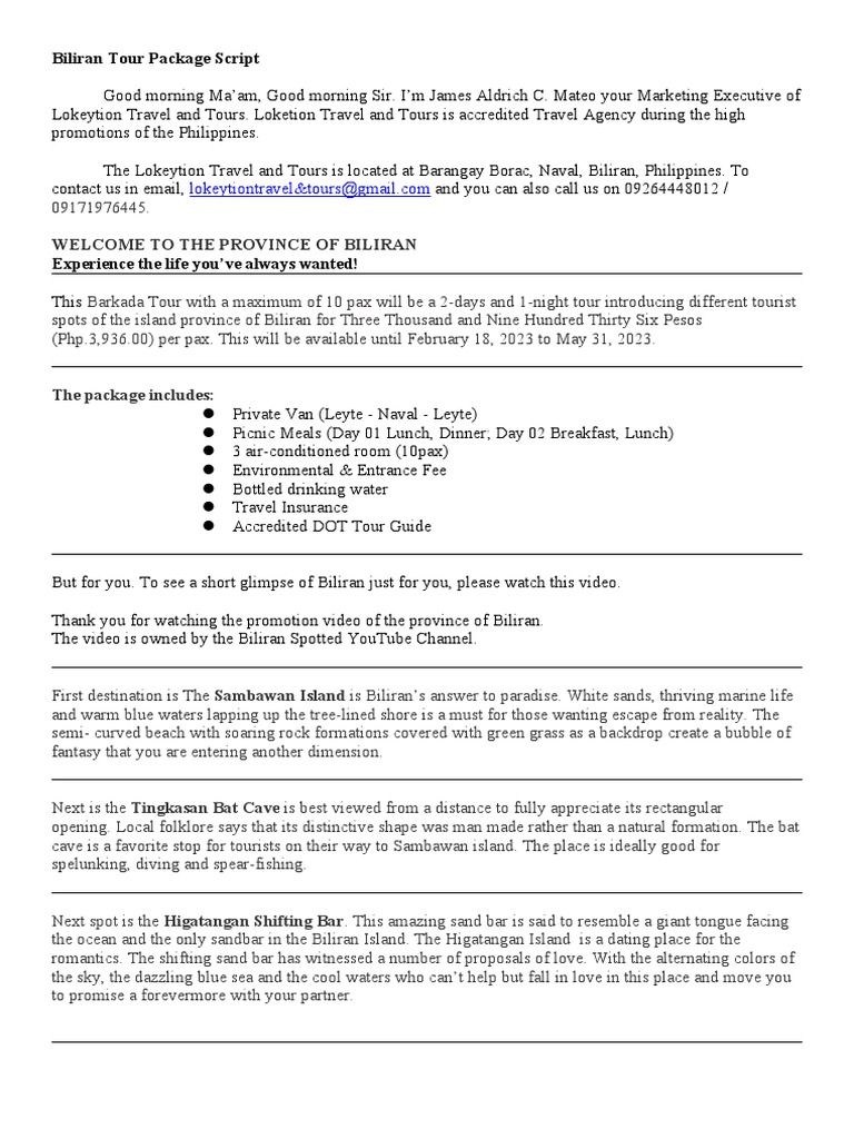 Biliran Tour Package Script | PDF