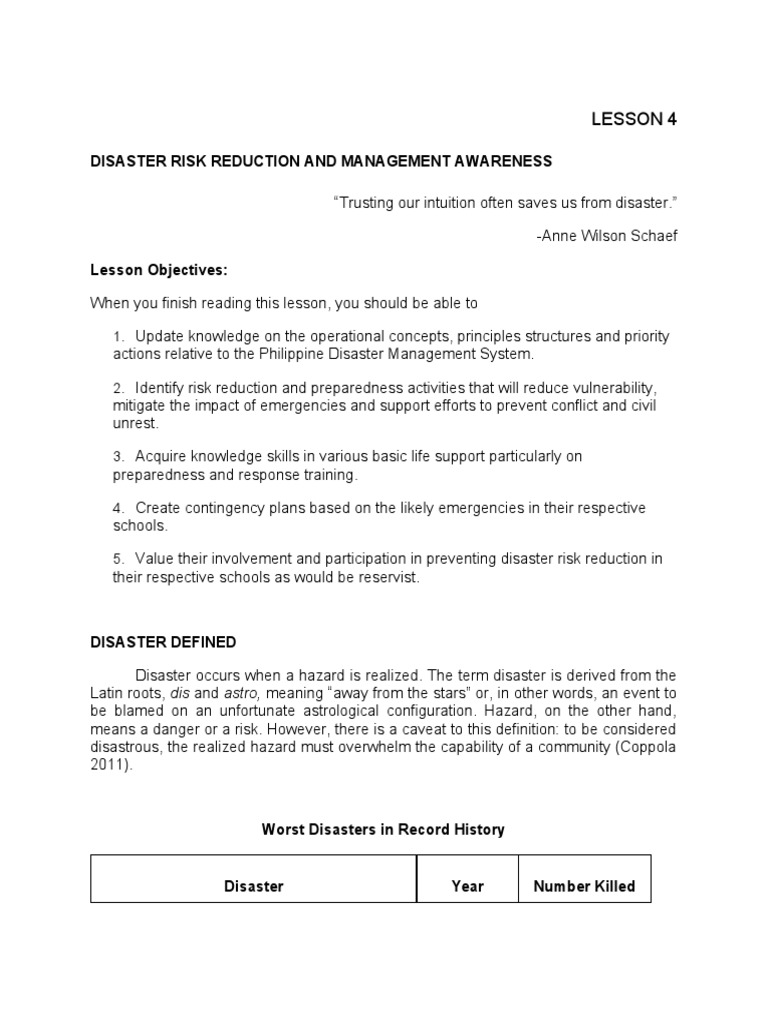 Lesson 4 Disaster Awareness, Preparedness and Management | PDF ...